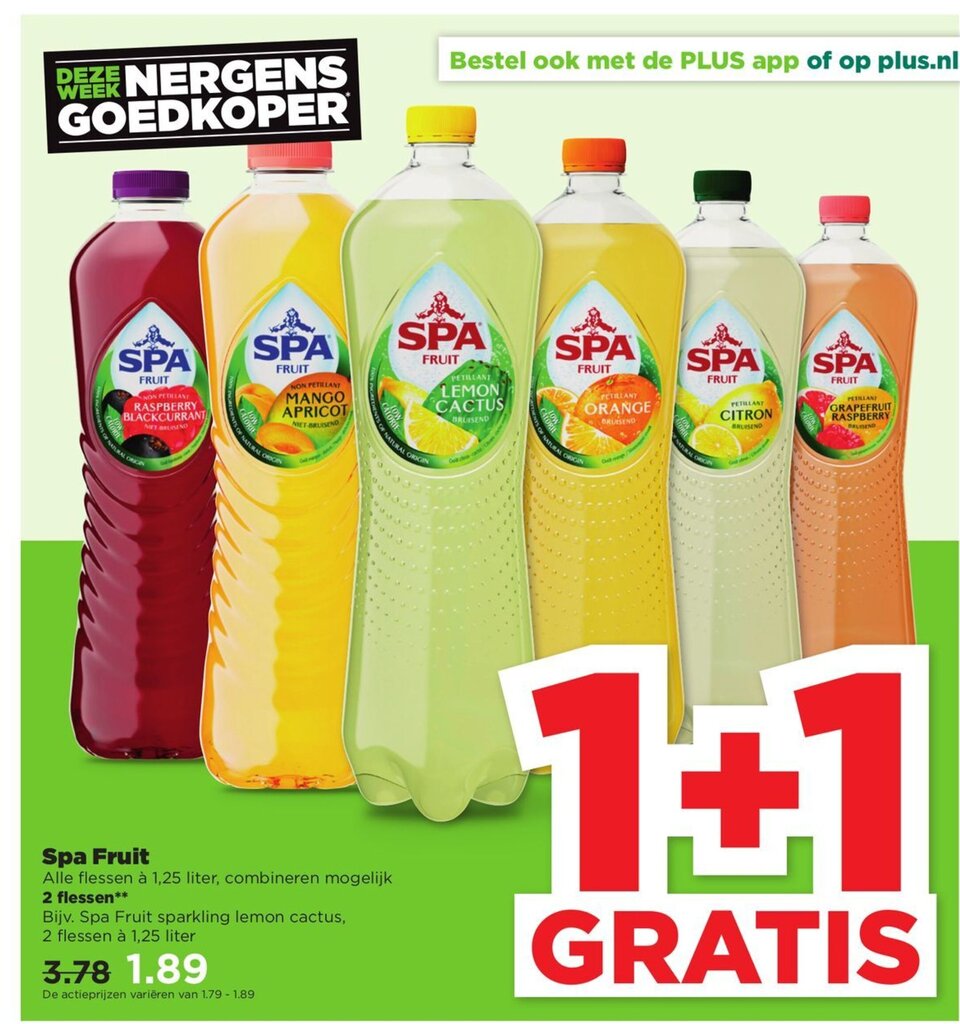 Spa Fruit 1.25L 1+1 gratis aanbieding bij PLUS