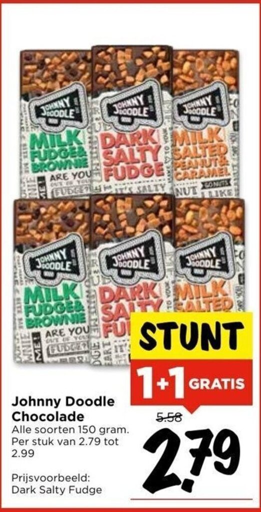 Johnny doodle chocolade 150g 1+1 gratis aanbieding bij Vomar Voordeelmarkt