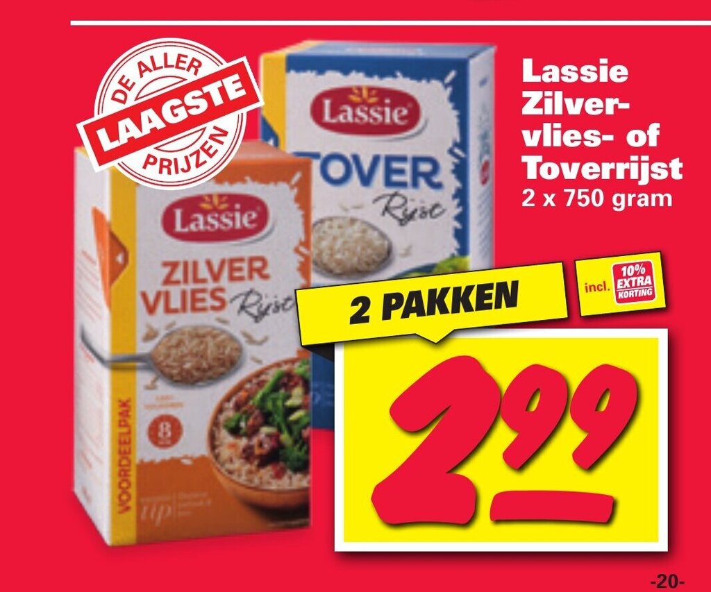 Lassie Zilvervlies- of Toverrijst 2 x 750 gram aanbieding bij Nettorama