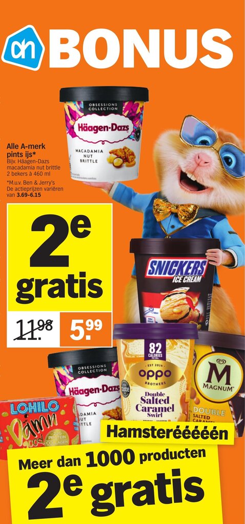 Alle A-merk pints ijs 2e gratis aanbieding bij Albert Heijn