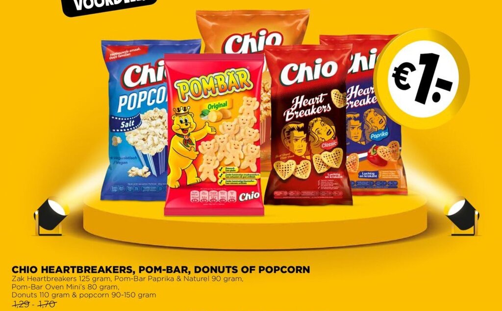 Chio heartbreakers, Pom-bar, donuts of popcorn aanbieding bij Jumbo
