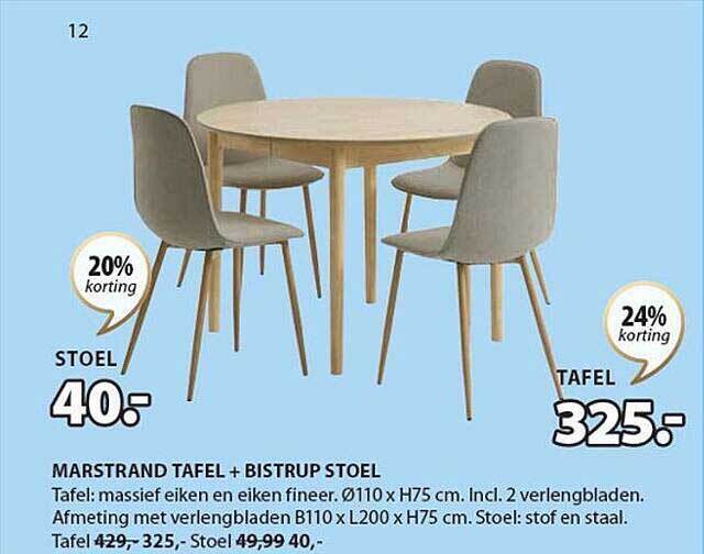 Marstrand tafel + bistrup stoel 24% korting aanbieding bij Jysk