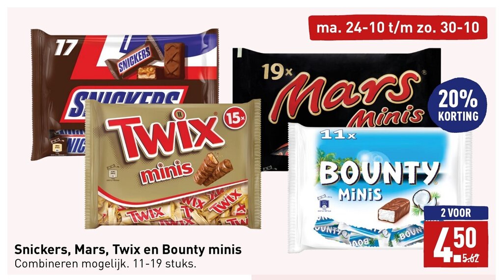 Snickers, Mars, Twix en Bounty minis aanbieding bij ALDI