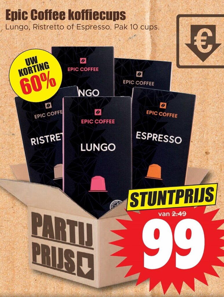 Epic Coffee Koffiecups Lungo , Ristretto of Espresso , Pak 10 Cups aanbieding bij Dirk