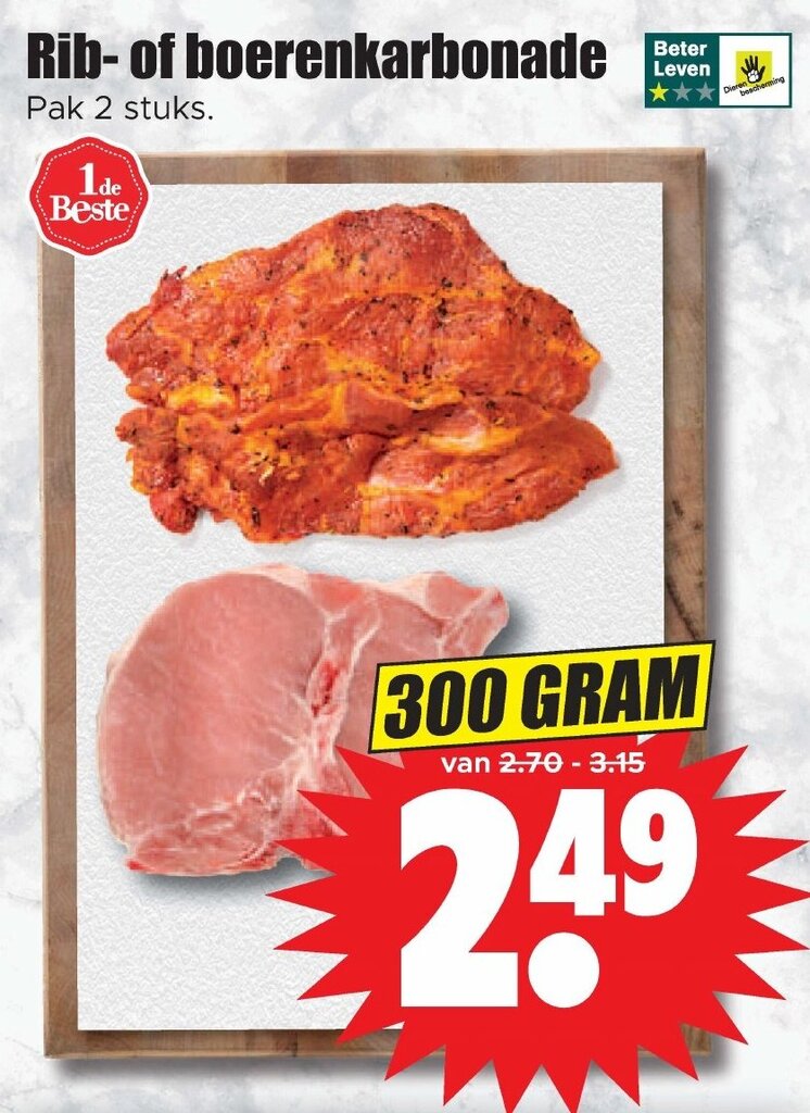 Rib- of Boerenkarbonade Par 2 Stuks 300gram aanbieding bij Dirk
