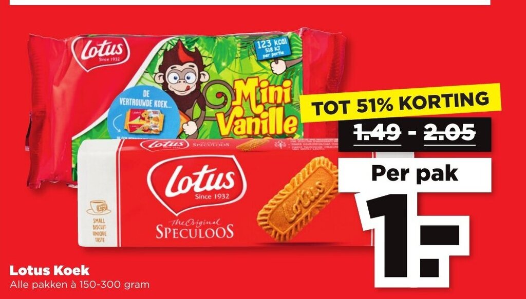 Lotus Koek 150-300 gram aanbieding bij PLUS