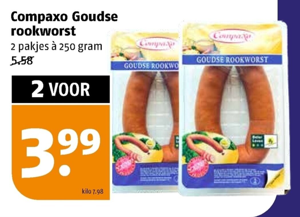 Compaxo Goudse rookworst 2 pakjes a 250 gram aanbieding bij Poiesz