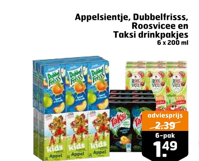 Appelsientje, dubbelfrisss, roosvicee en taksi drinkpakjes 6x 200 ml ...