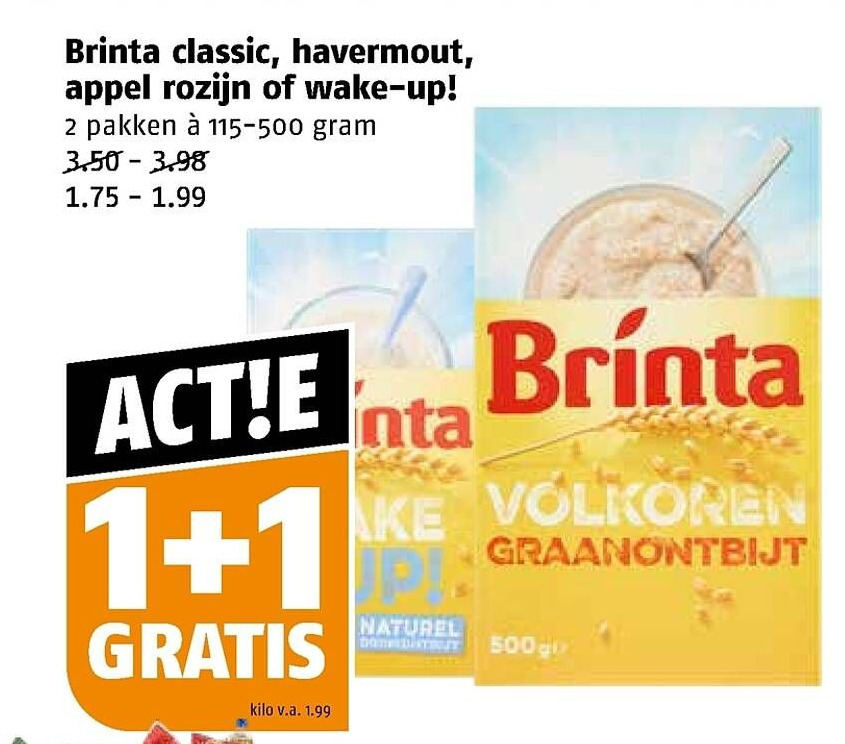 Brinta classic, havermout, appel rozijn of wake-up! aanbieding bij Poiesz