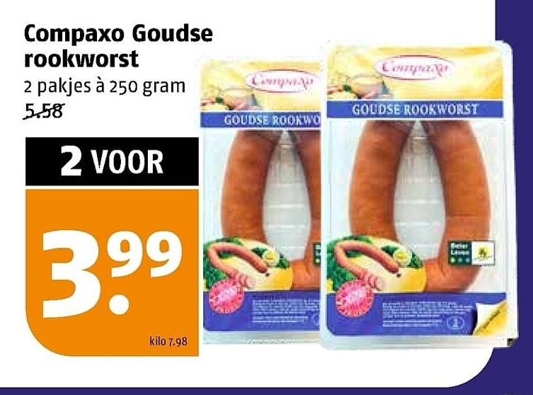 Compaxo goudse rookworst aanbieding bij Poiesz