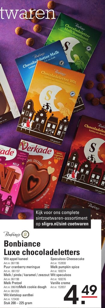 Bonbiance Luxe chocoladeletters 200-225 gram aanbieding bij Sligro