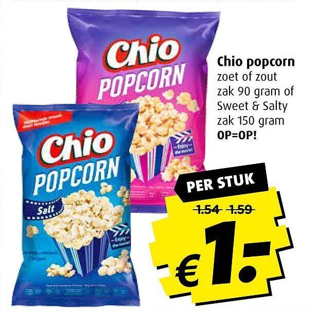 Chio popcorn zoet of zout zak 90 gram of sweet & salty zak 150 gram op ...
