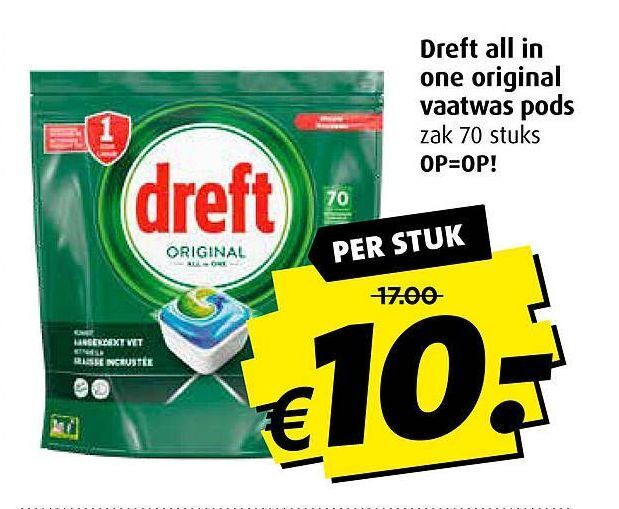 Dreft all in one original vaatwas pods zak 70 stuks aanbieding bij Boni