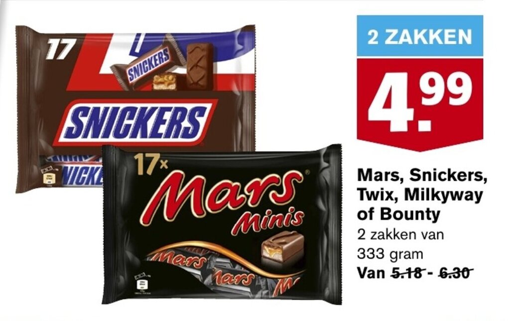 Mars, Snickers, Twix , Milkyway of Bounty 2 Zakken van 333 gram ...