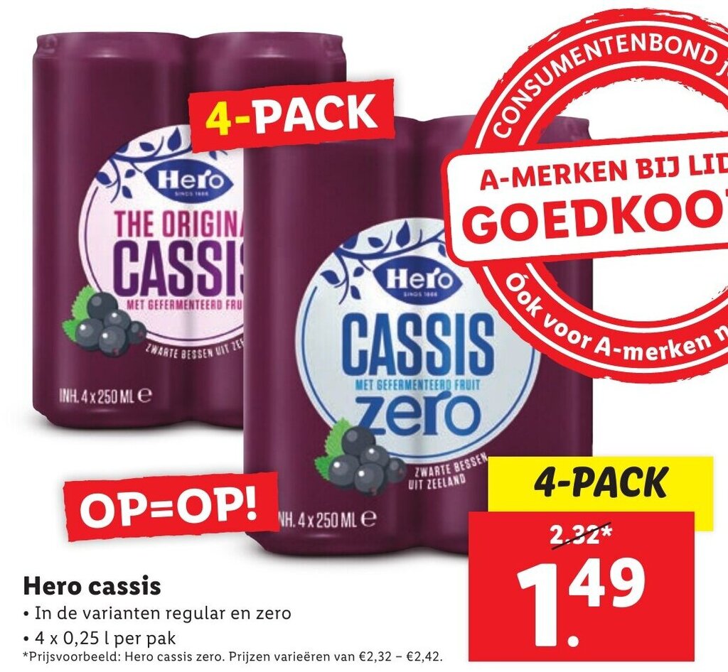 Hero cassis regular 4x0.25L 4-pack aanbieding bij Lidl
