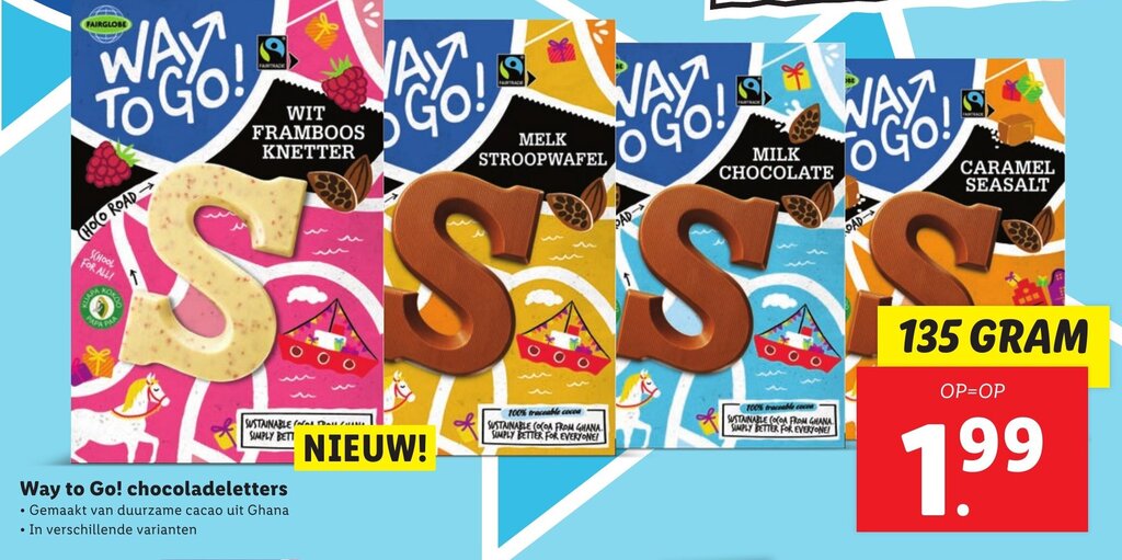 Way to Go! chocoladeletters 135 gram aanbieding bij Lidl