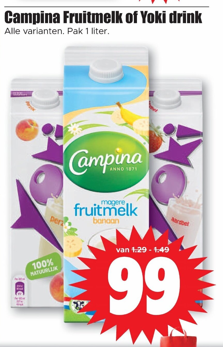Campina Fruitmelk of Yoki drink pak 1 liter aanbieding bij Dirk