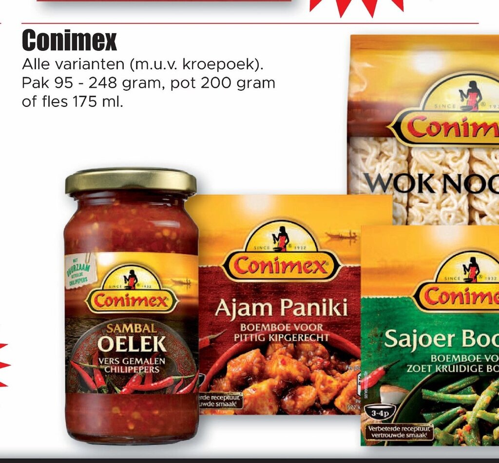Conimex pak 95-248 gram, pot 200 gram of fles 175 ml aanbieding bij Dirk