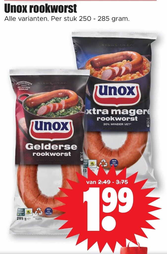 Unox rookworst per stuk 250-285 gram aanbieding bij Dirk