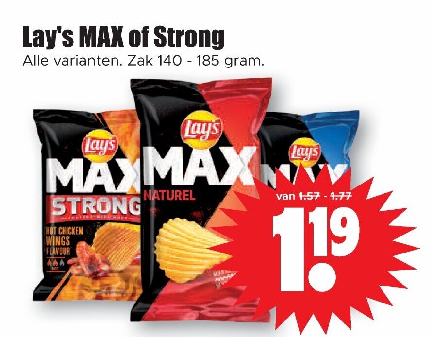 Lay's Max of Strong zak 140-185 gram aanbieding bij Dirk