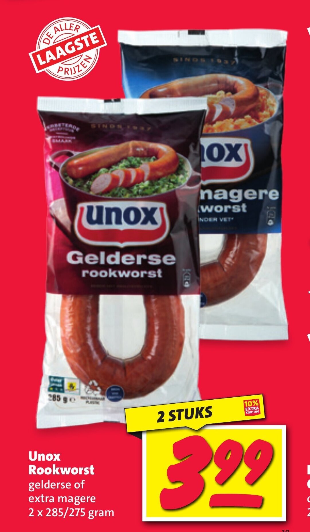 Unox Rookworst 2 x 285/275 gram aanbieding bij Nettorama