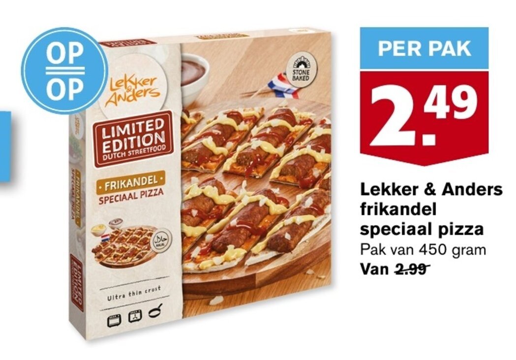 Lekker & anders frikandel speciaal pizza 450g aanbieding bij Hoogvliet