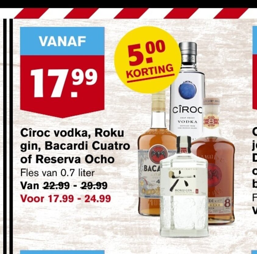 Ciroc vodka, Roku gin, Bacardi Cuatro of Reserva Ocho fles van 0.7 ...