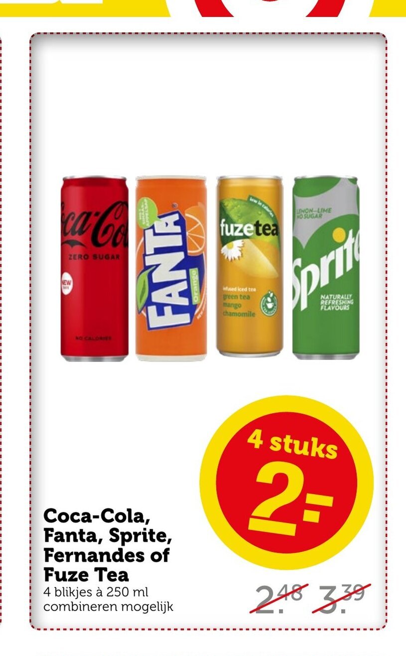 Coca-Cola, Fanta, Sprite, Fernandes of Fuze Tea 4 blikjes a 250 ml ...