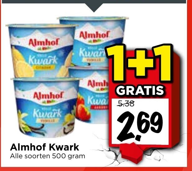 Almhof Kwark 500 gram 1+1 gratis aanbieding bij Vomar