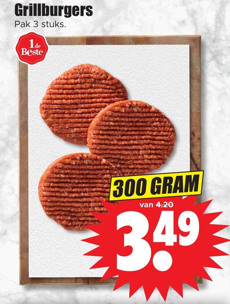 Grillburgers pak 3 stuks 300 gram aanbieding bij Dirk