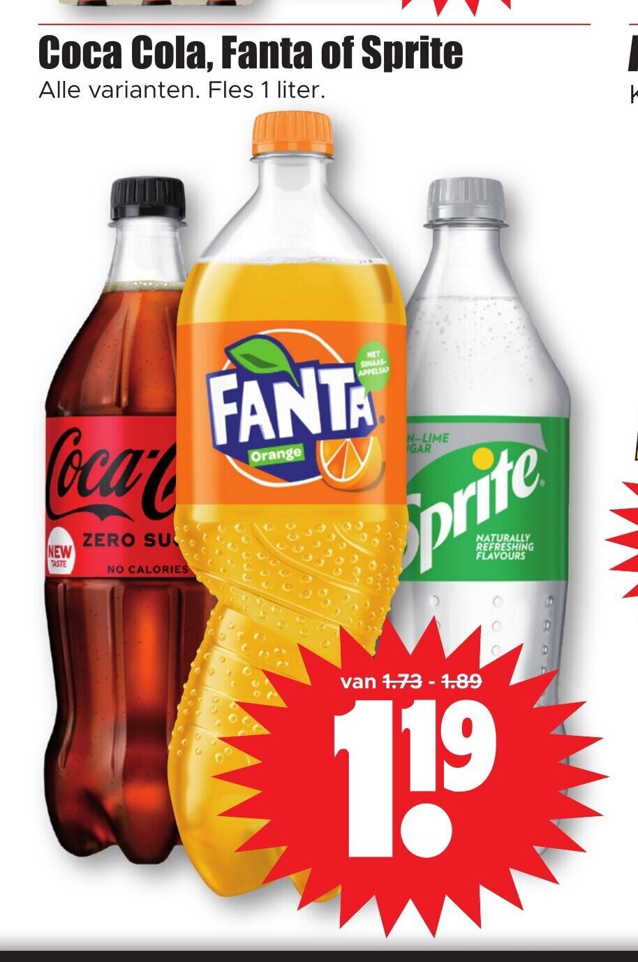 Coca Cola, Fanta of Sprite 1 liter aanbieding bij Dirk