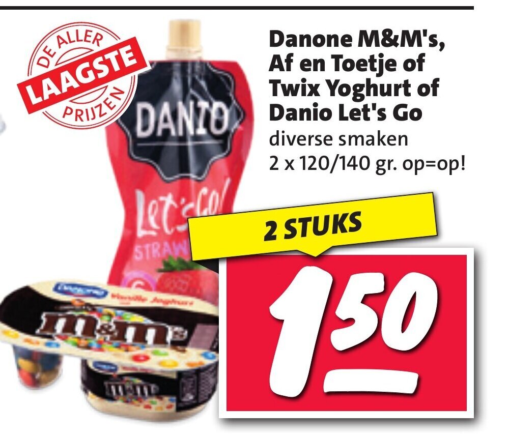 Danone M&M's, Af en Toetje of Twix Yoghurt of Danio Let's Go 2 stuks ...