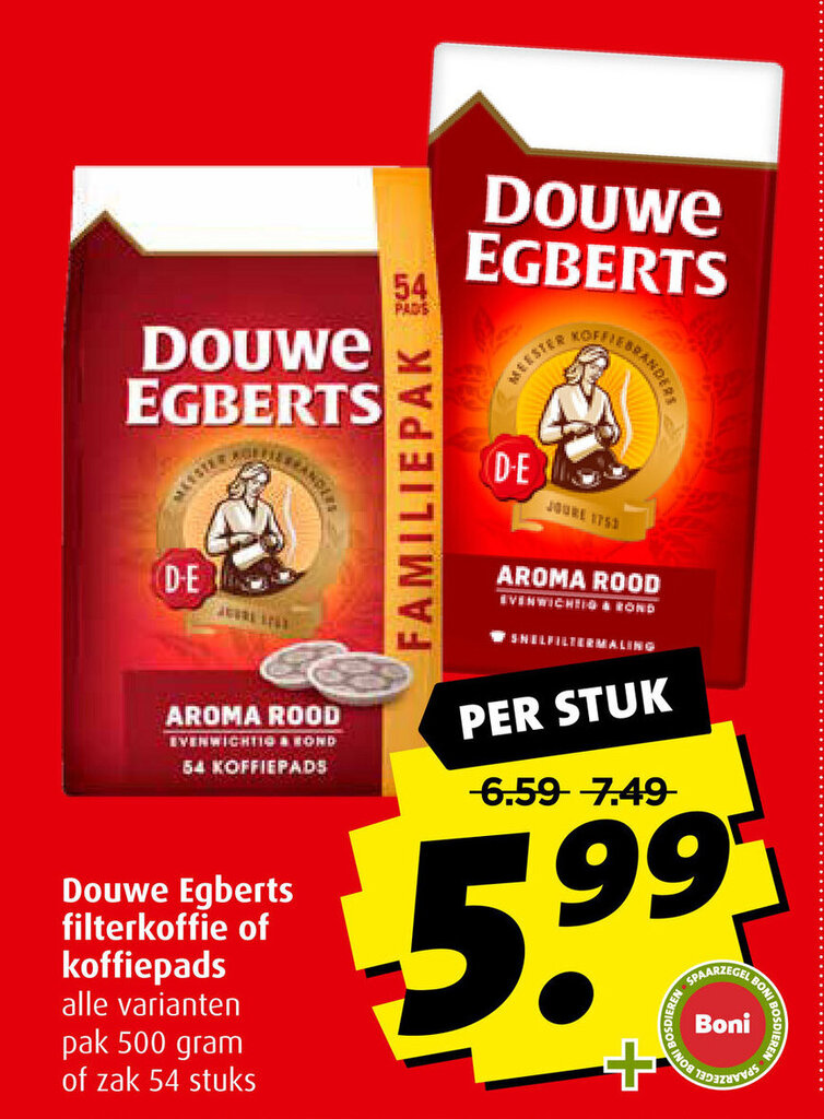 Douwe Egberts filterkoffie of koffiepads 500 gram aanbieding bij Boni