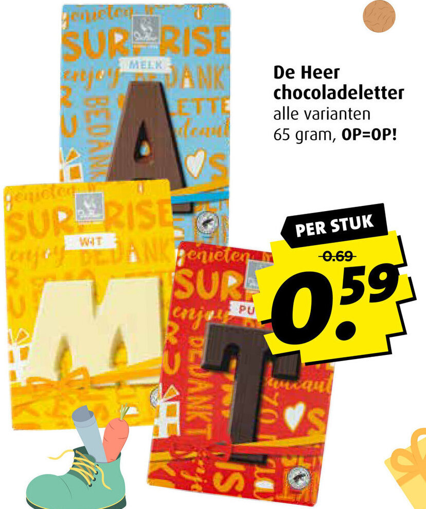 De Heer chocoladeletter 65 gram aanbieding bij Boni