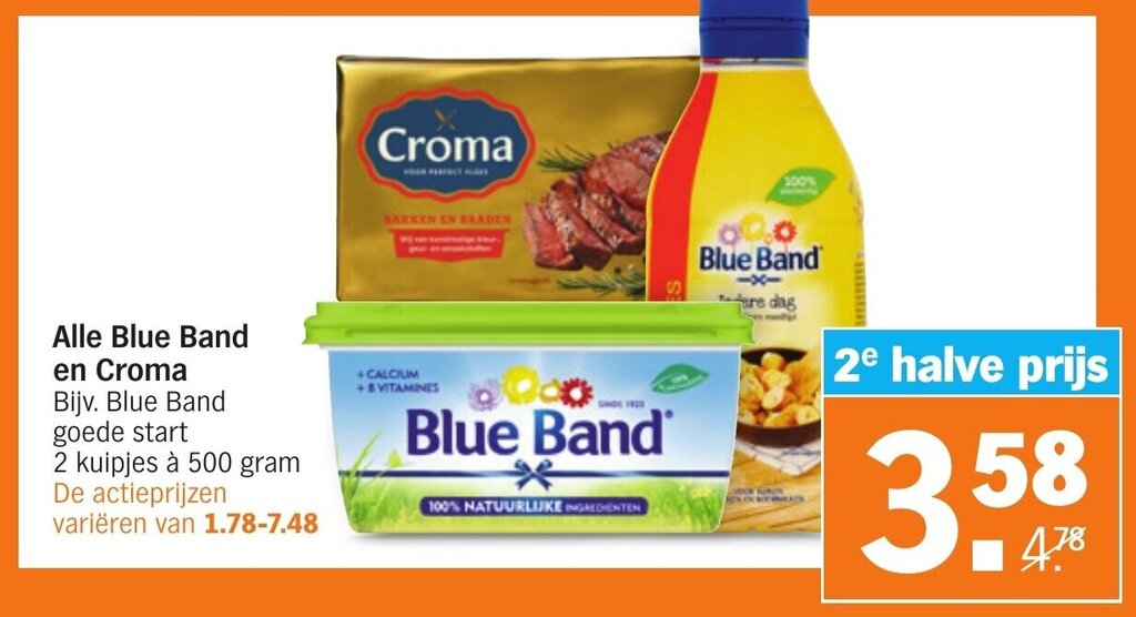 Alle Blue Band en Croma 2 kuipjes a 500 gram aanbieding bij Albert Heijn
