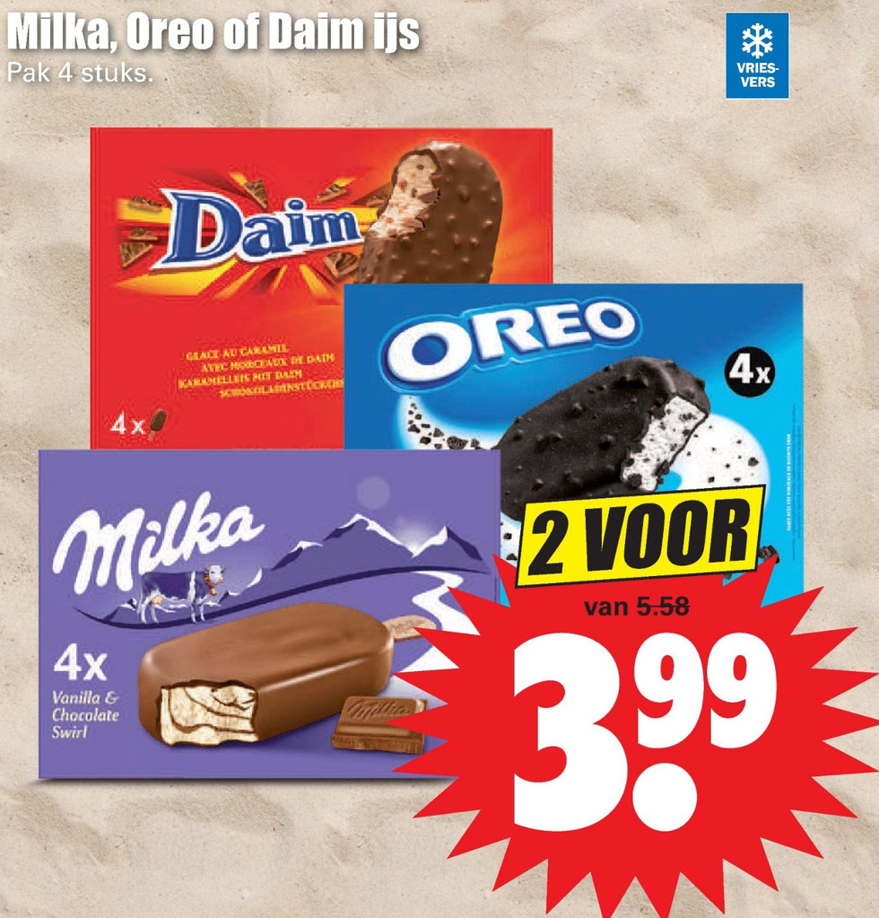 Milka, Oreo of Daim ijs aanbieding bij Dirk