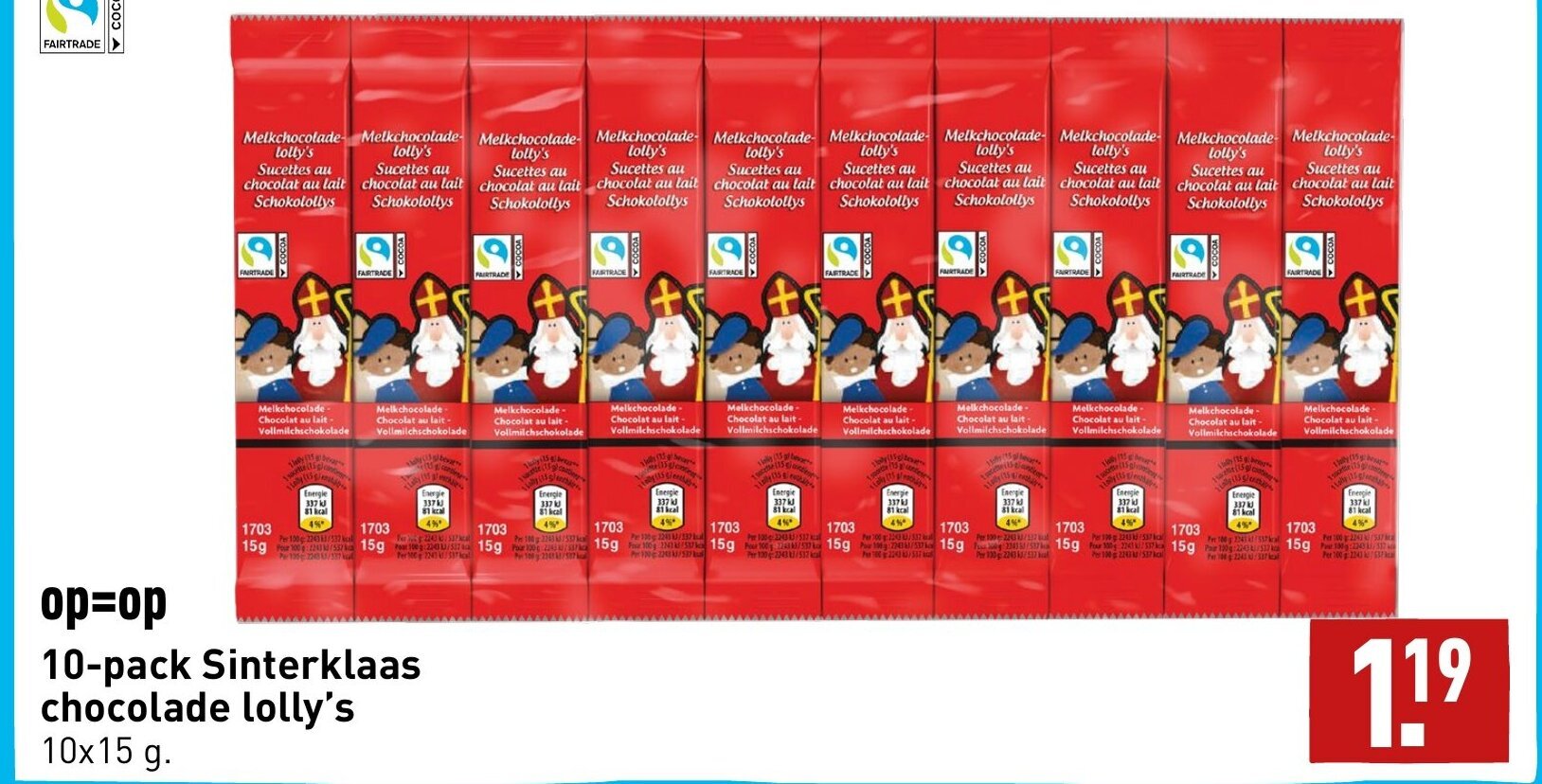 10-pack Sinterklaas chocolade lolly's 10x15 gram aanbieding bij ALDI