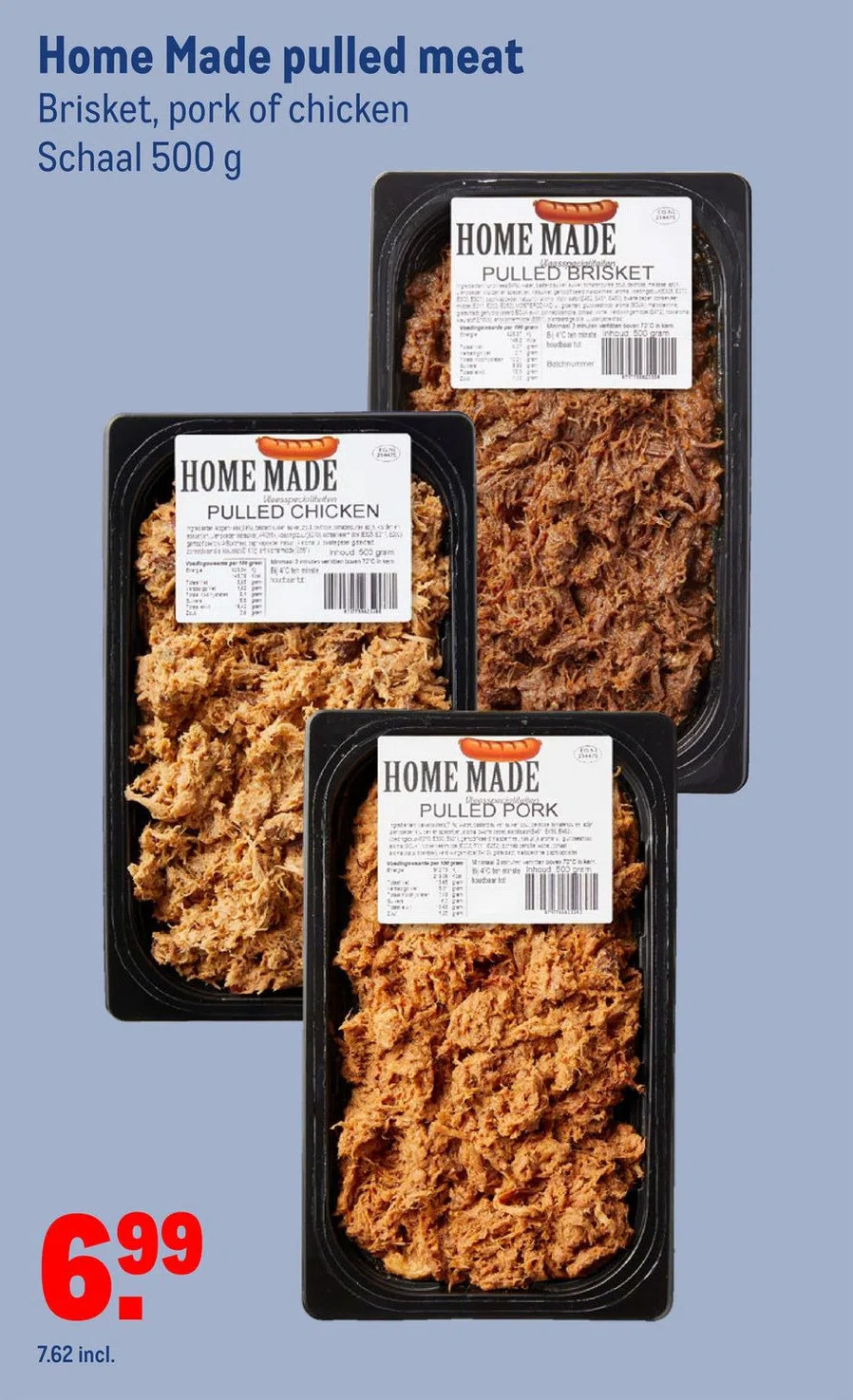 Home made pulled meat brisket, pork of chicken schaal 500 g aanbieding ...