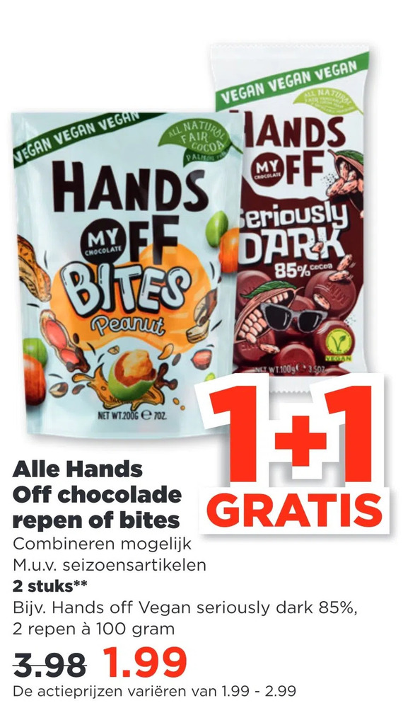 Alle hands off chocolade repen of bites 1+1 GRATIS aanbieding bij PLUS
