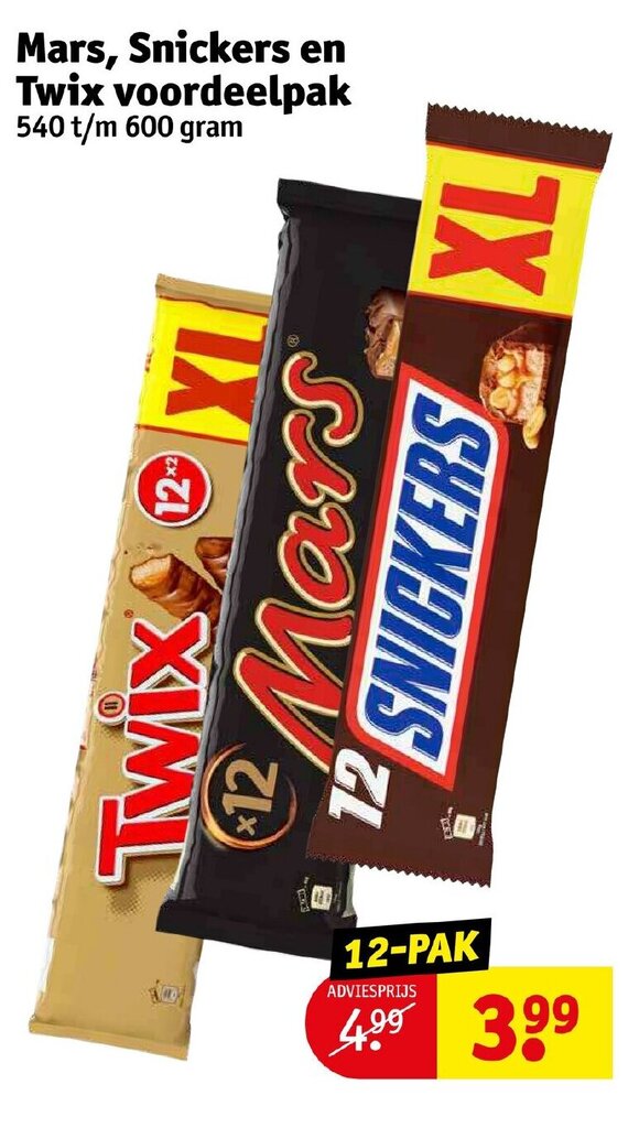 Mars, Snickers en Twix voordeelpak 12-pak 540 t/m 600 gram aanbieding ...