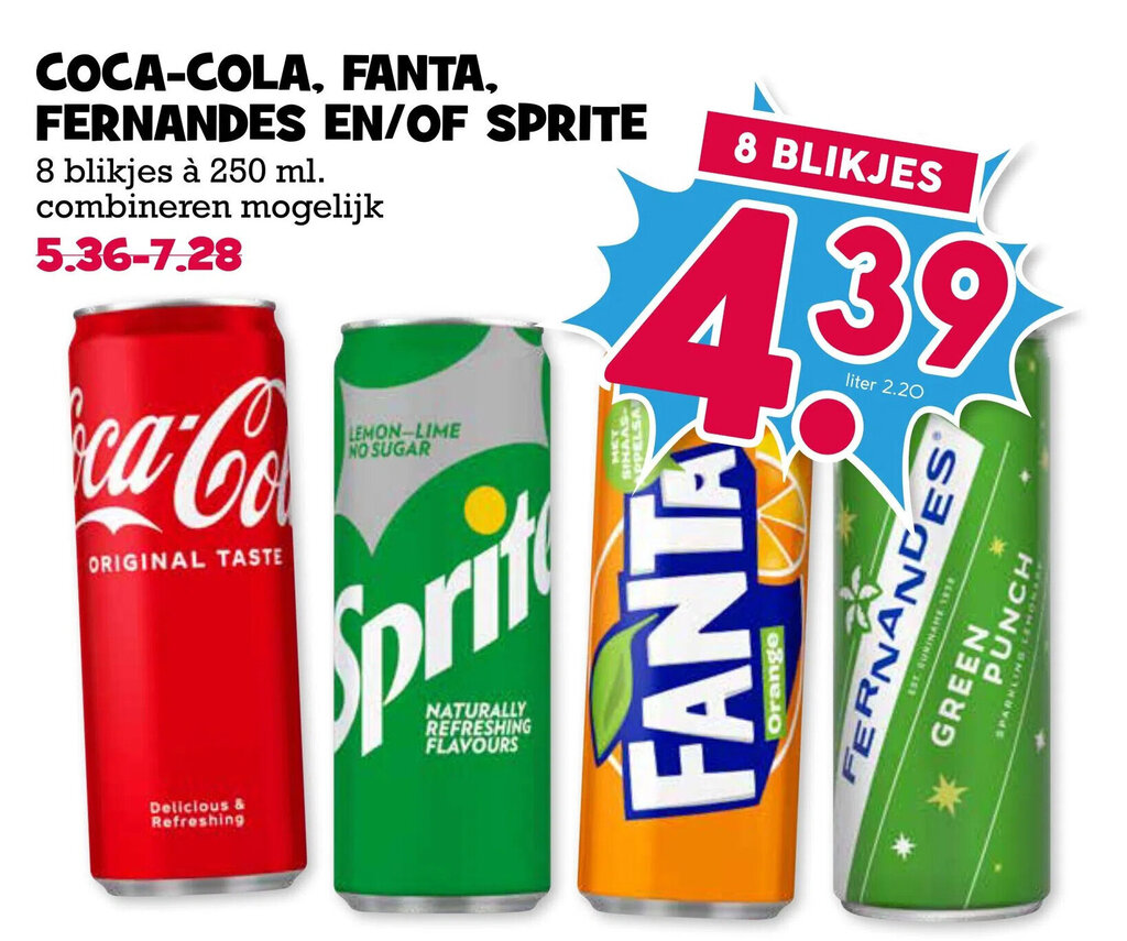 Coca-Cola, Fanta, Fernandes en/of Sprite 8 blikjes a 250 ml aanbieding ...