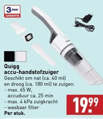 Quigg accu-handstofzuiger geschikt om nat (ca. 40 ml) en droog (ca. 180 ...