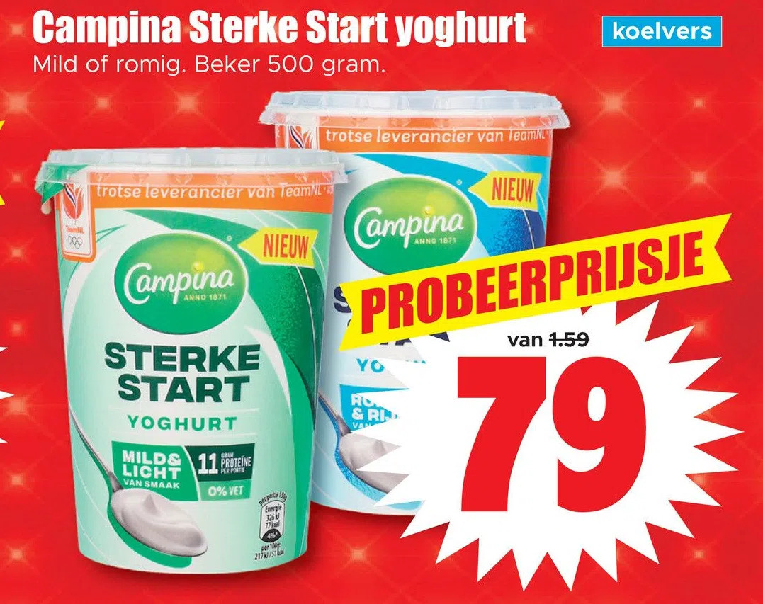 Campina sterke start yoghurt aanbieding bij Dirk