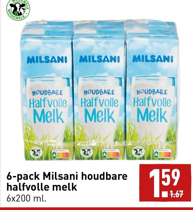 6-pack Milsani houdbare halfvolle melk 6x 200 ml aanbieding bij ALDI