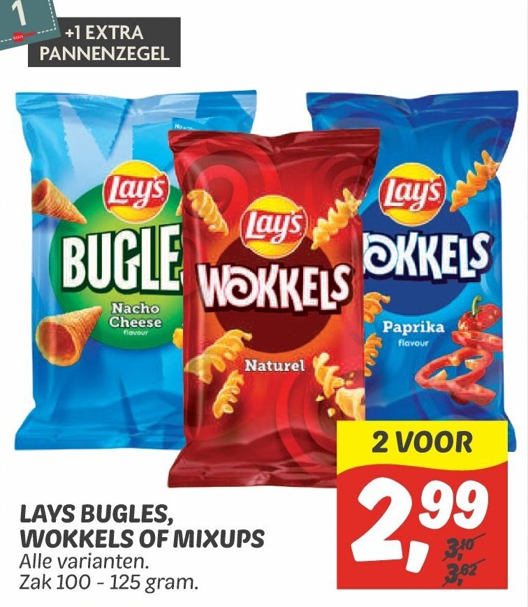 Lay's bugles, wokkels of mixups 100-125 gram aanbieding bij Dekamarkt