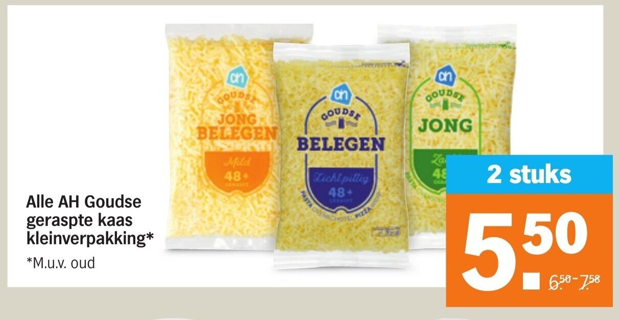 Alle AH goudse geraspte kaas kleinverpakking 2 stuks aanbieding bij ...