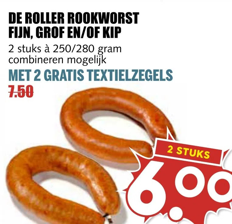 De roller rookworst fijn, grof en/of kip aanbieding bij MCD Supermarkt