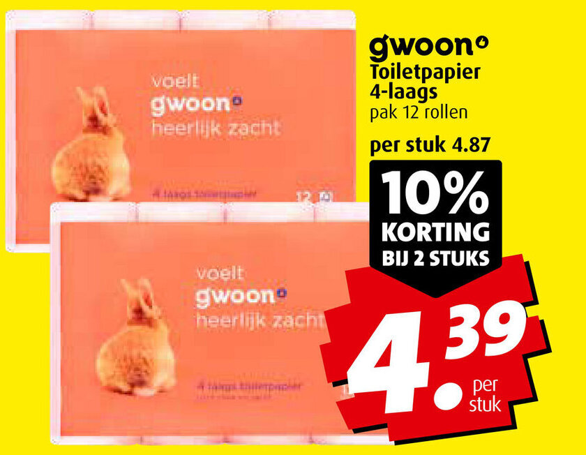 Gwoon toiletpapier 4-laags 12 rollen aanbieding bij Boni