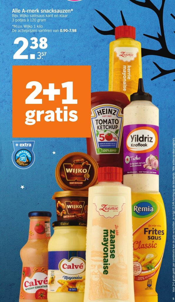Alle a-merk snacksauzen 3 potjes a 120 gram 2+1 gratis aanbieding bij Albert Heijn