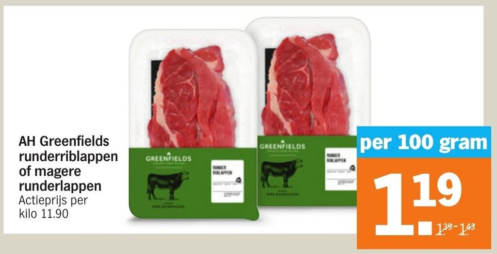 Greenfields runderriblappen 100 gram aanbieding bij Albert Heijn
